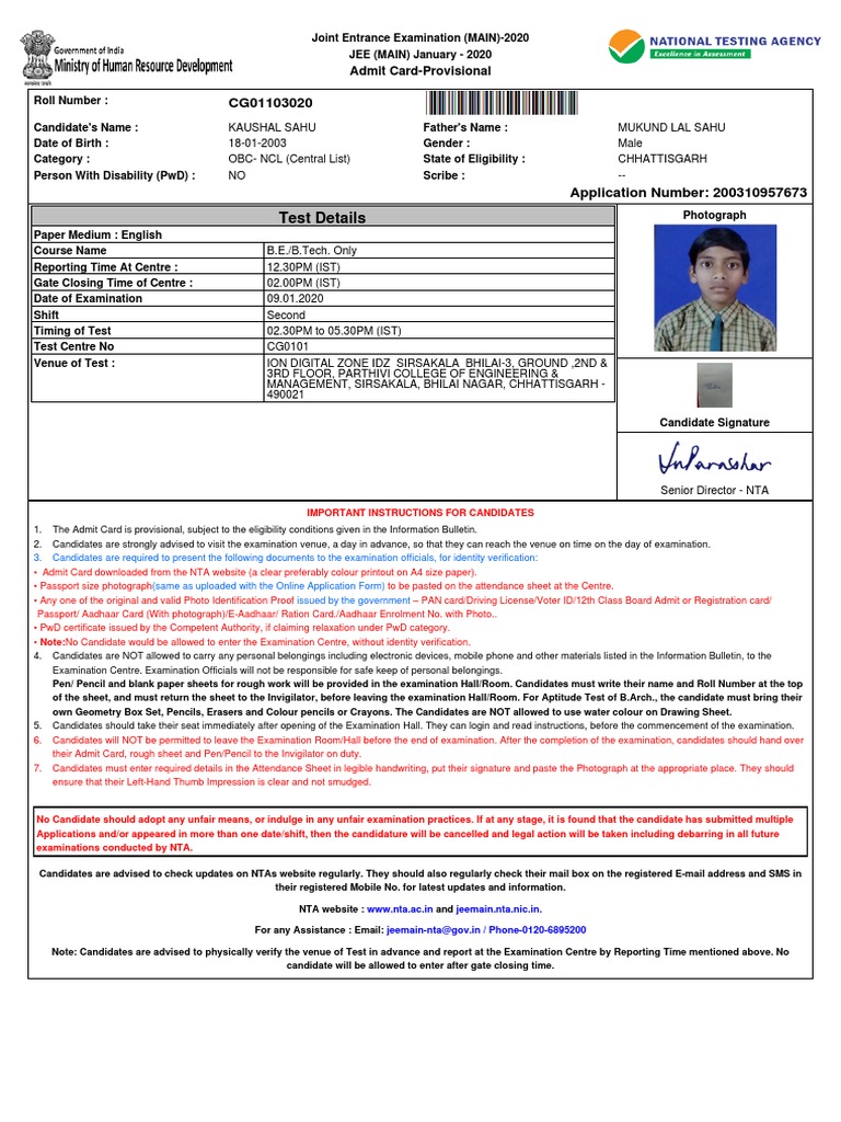 JEE Main 2020 Admit Card Details | PDF | Identity Document | Government ...
