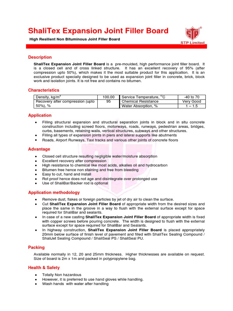 ShaliTex Expansion Joint Filler Board | PDF | Road | Asphalt