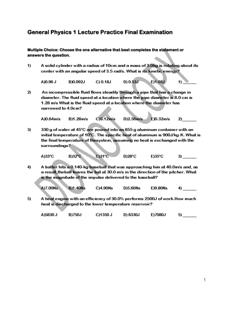 General Physics 1 Lecture Practice Final Examination | PDF | Friction | Force