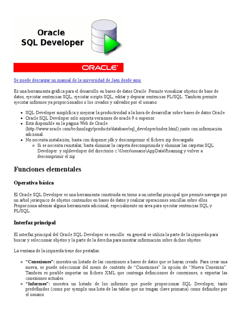 Guía de Oracle SQL Developer: Funciones y Uso | PDF | SQL | Objeto ...