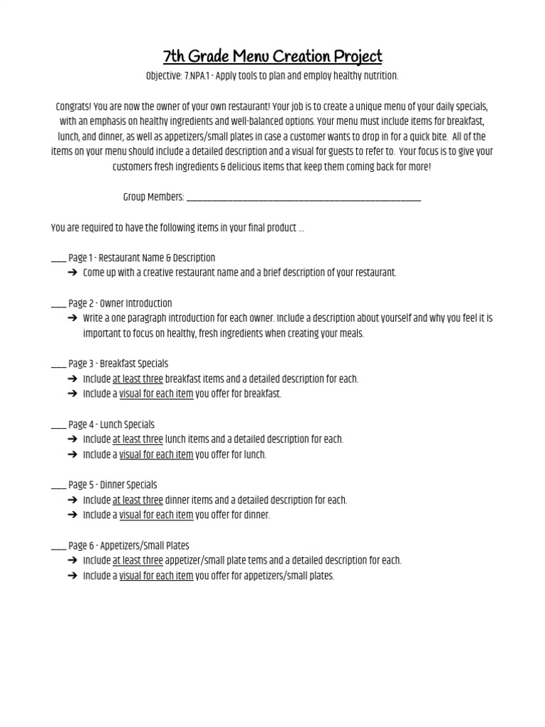 7th Grade Menu Creation Project | PDF
