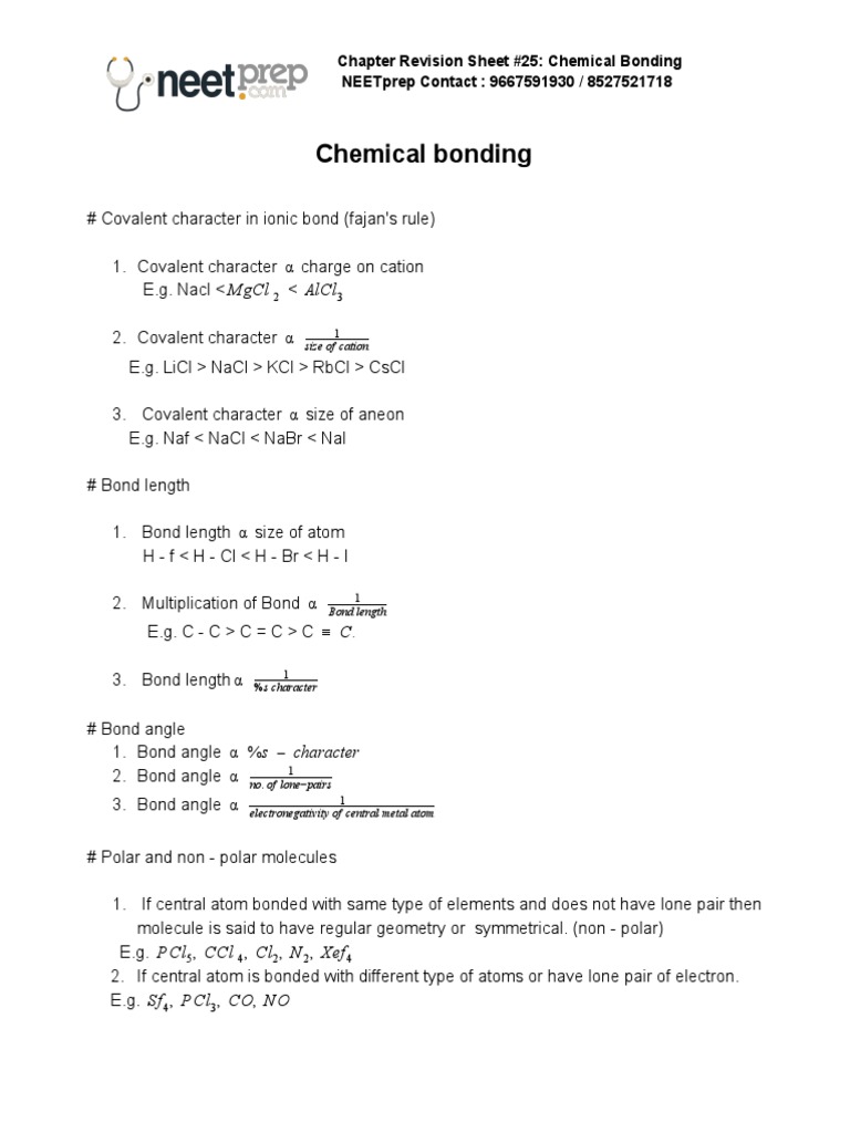 #25 Revision Sheet Chemical Bonding | PDF | Covalent Bond | Chemical Bond