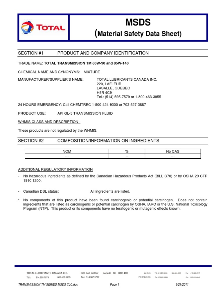 Transmission TM Series Msds TLC | PDF | Occupational Safety And Health ...