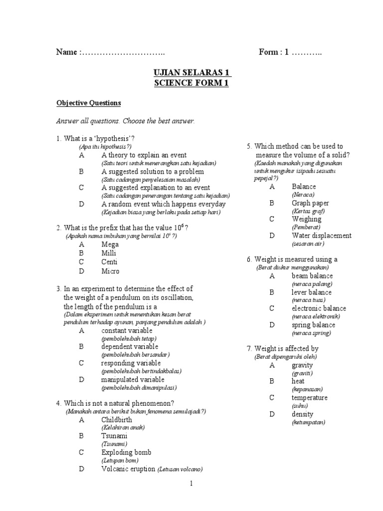 Science Exercises Form 1 PDF