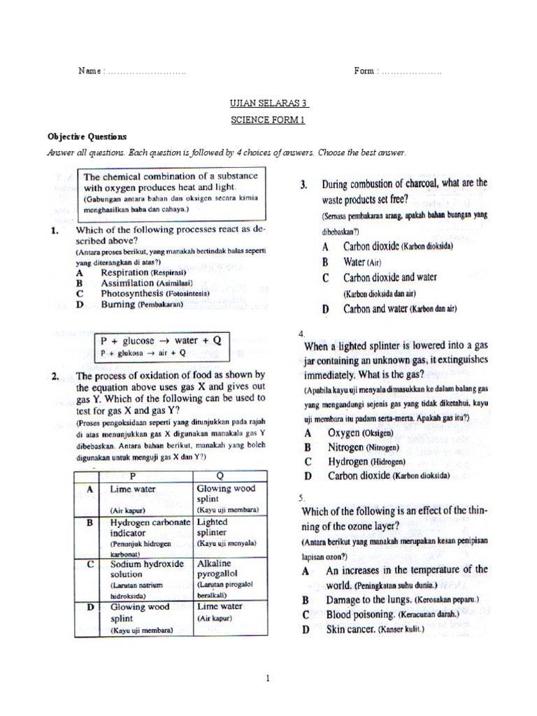 Science Form 1 Exam Question | PDF | Breathing | Carbon