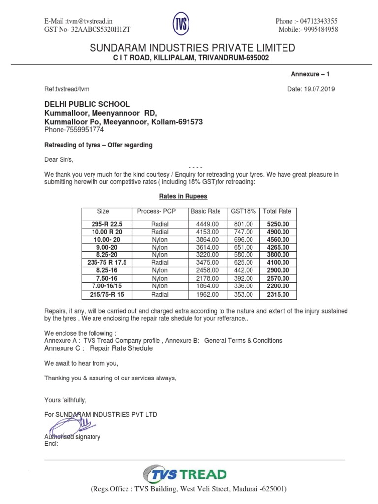 Delhi Public School - Tyre Retreading Quotation PDF | PDF | Tire ...