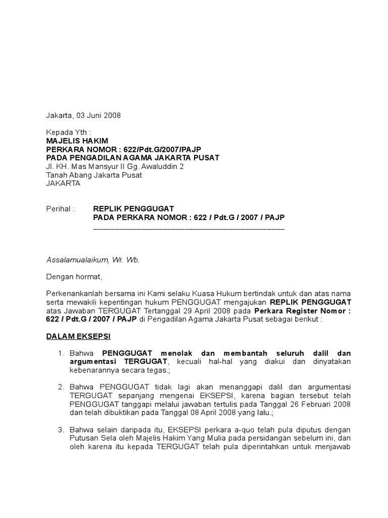 Contoh Surat Replik | PDF