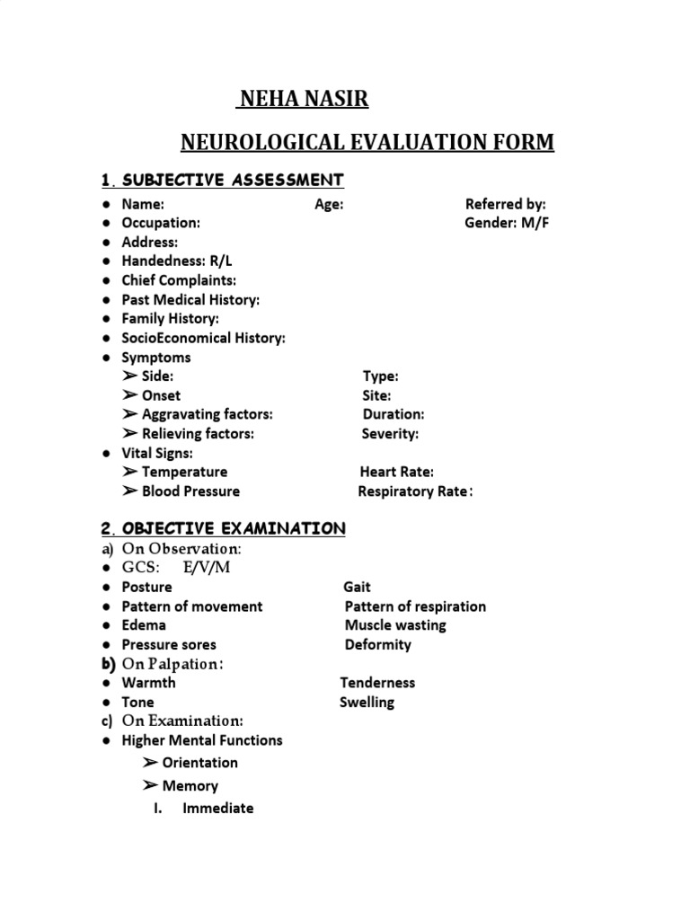 Neurological Physiotherapy Evaluation Form | PDF | Clinical Medicine ...