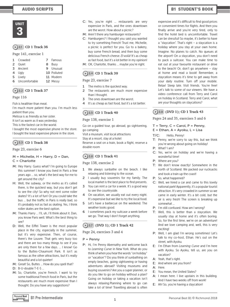 PB AmE B1 SB Audioscript U3 PDF | PDF | Holiday Or Vacation | Asia