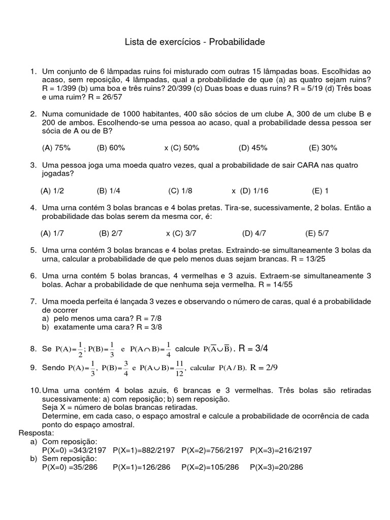 Exercícios Para Aula | Probabilidade | Ensino de Matemática