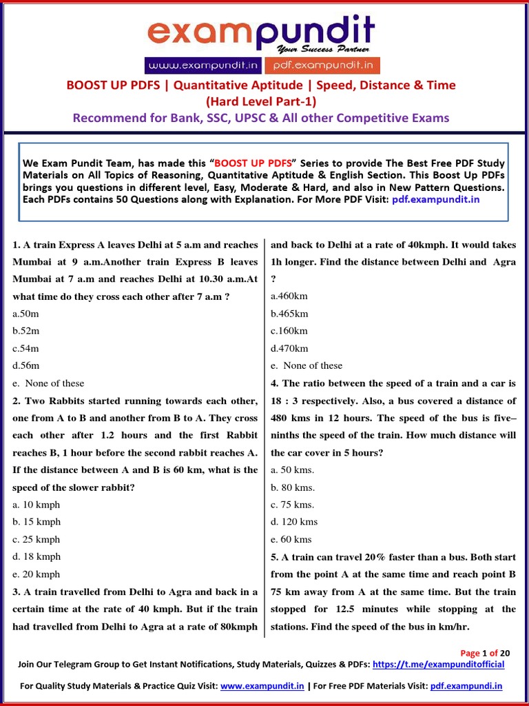 Speed, Distance & Time Questions for Exams | PDF | Speed | Quiz