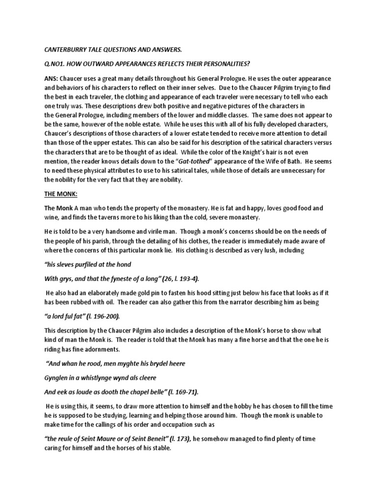 Canterburry Tale Questions and Answers | PDF | The Canterbury Tales | Monk