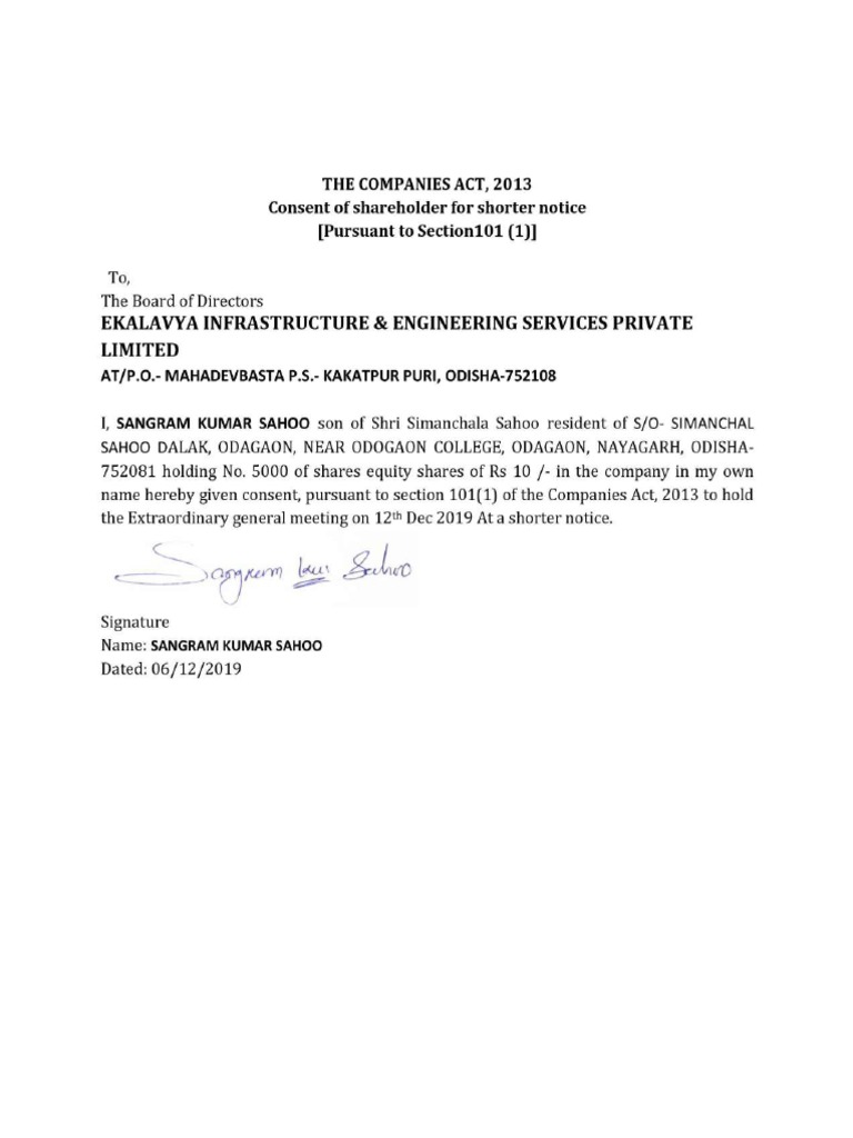 Draft For Calling Agm at Shorter Notice | PDF