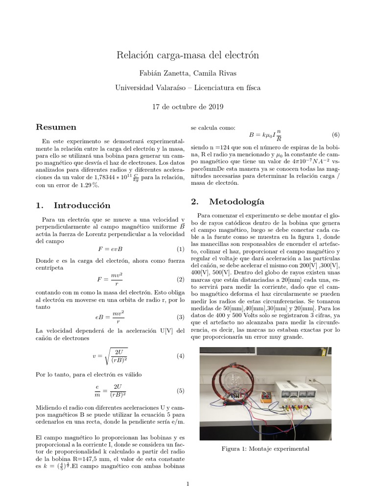 Relacion Carga Masa Del Electron PDF | PDF | Electrón | Campo magnético
