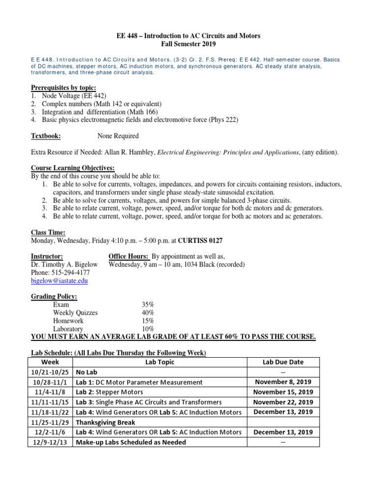 EE448 Course Syllabus Fall2019 | PDF | Electric Motor | Electrical Network