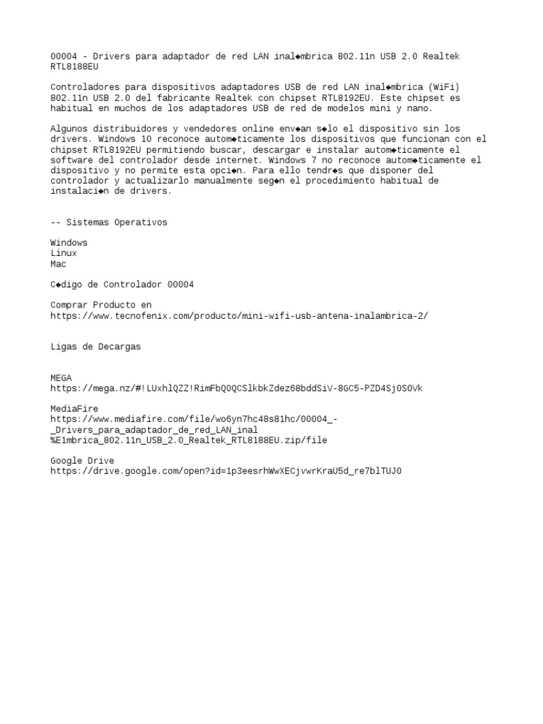 Drivers para Adaptador de Red LAN Inalã¡mbrica 802.11n USB 2.0 Realtek ...