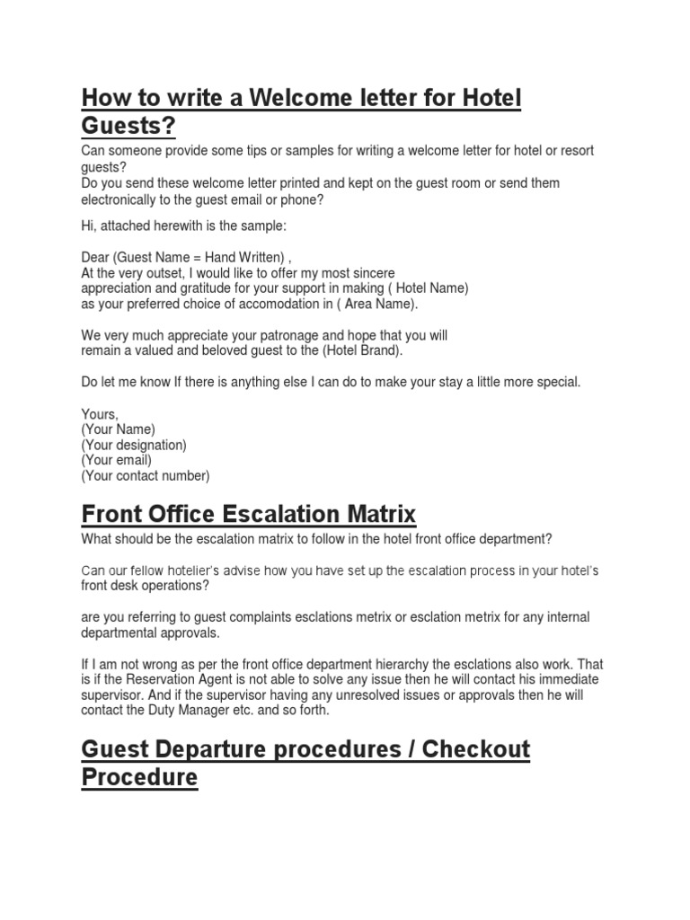 How To Write A Welcome Letter For Hotel Guests | PDF | Hotel And ...