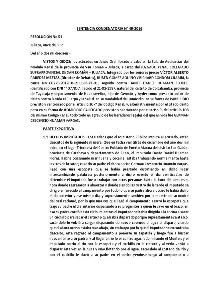 Modelo de Sentencia Condenatoria | PDF | Homicidio | Evidencia (ley)