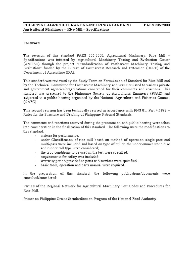 PAES 206 - Rice Mill - Specifications | PDF | Rice | Mill (Grinding)