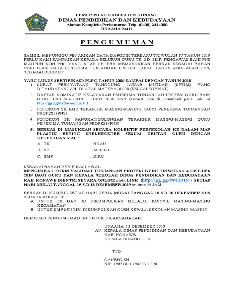 Pengumuman Pemberkasan Sertifikasi TW 4 | PDF