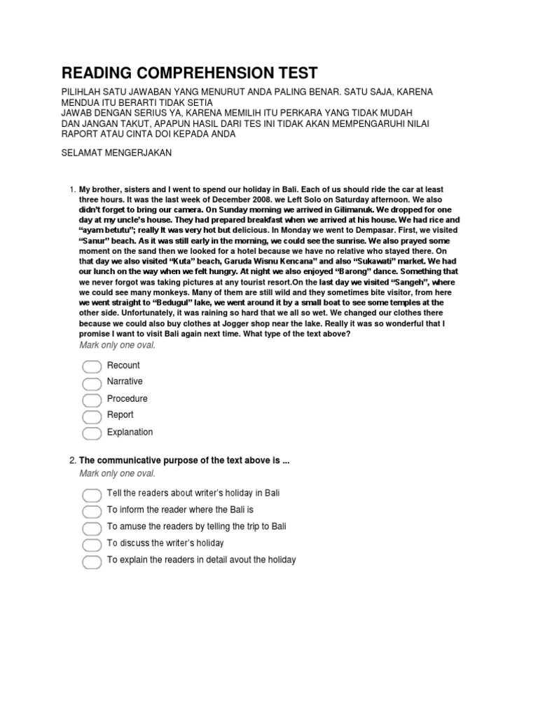 Soal Pre Research Reading Comprehension Test | PDF
