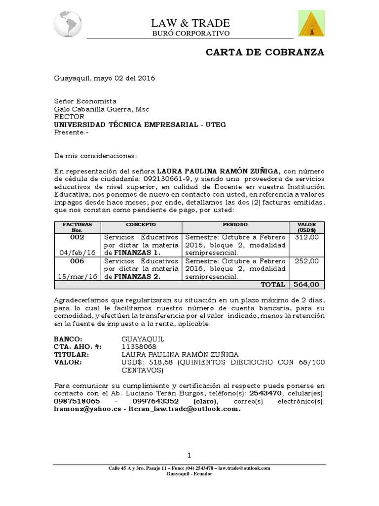 Carta de Cobranza - Uteg - 2016 | PDF | Economias | Business