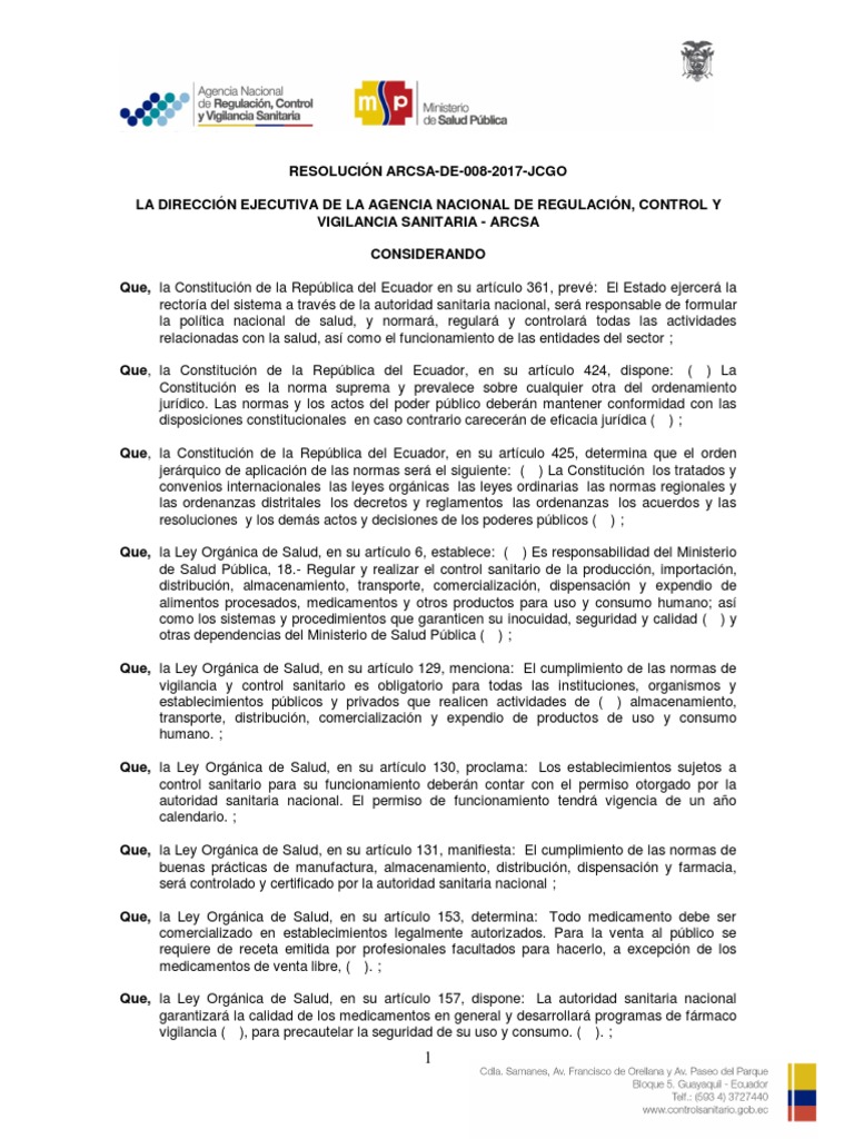 Resolución ARCSA de 008 2017 JCGO Farmacias y Botiquines Privados | PDF ...