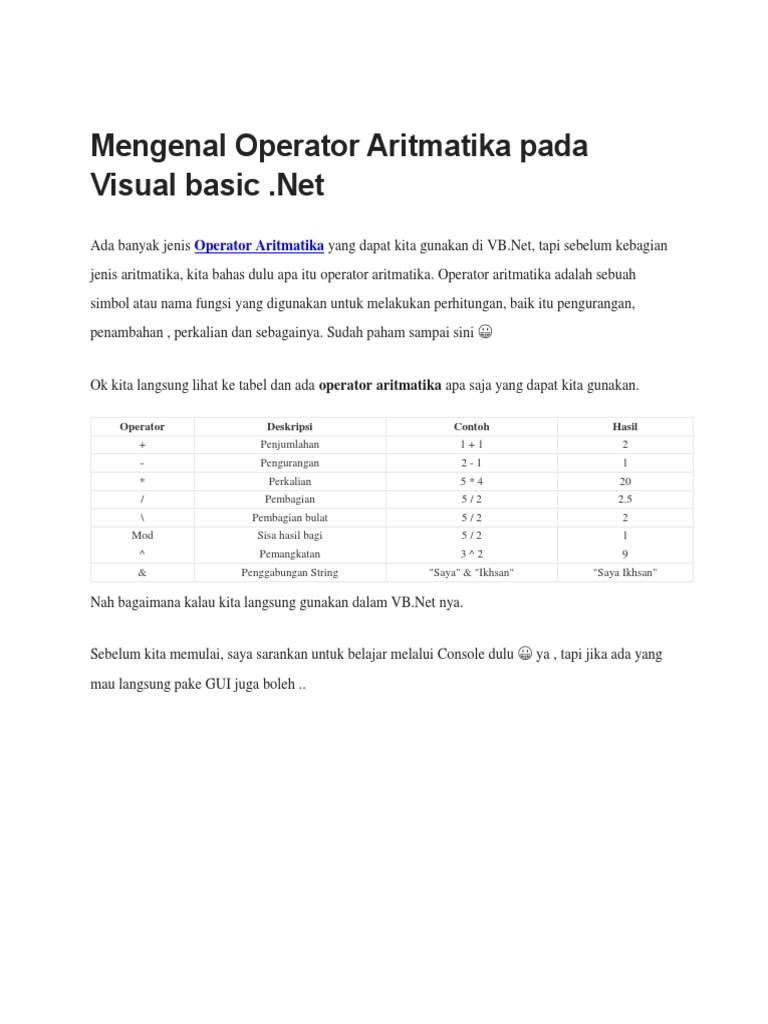 Mengenal Operator Aritmatika Pada Visual Basic | PDF