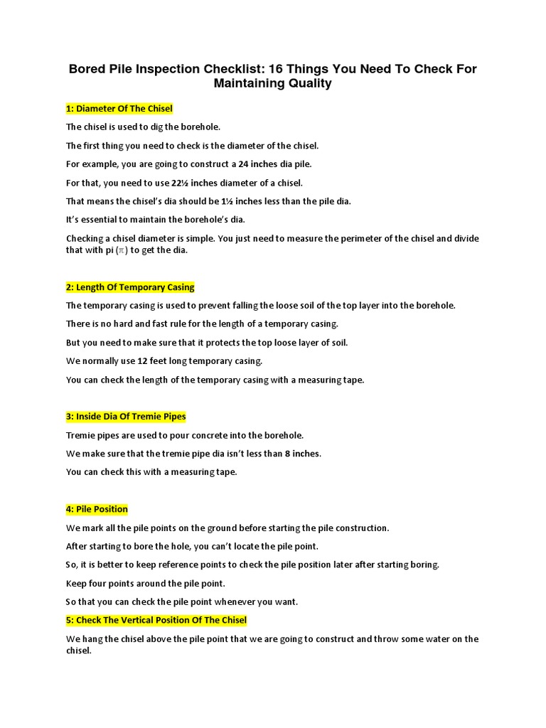 Checklist For Bored Pile Works | PDF | Deep Foundation | Casing (Borehole)