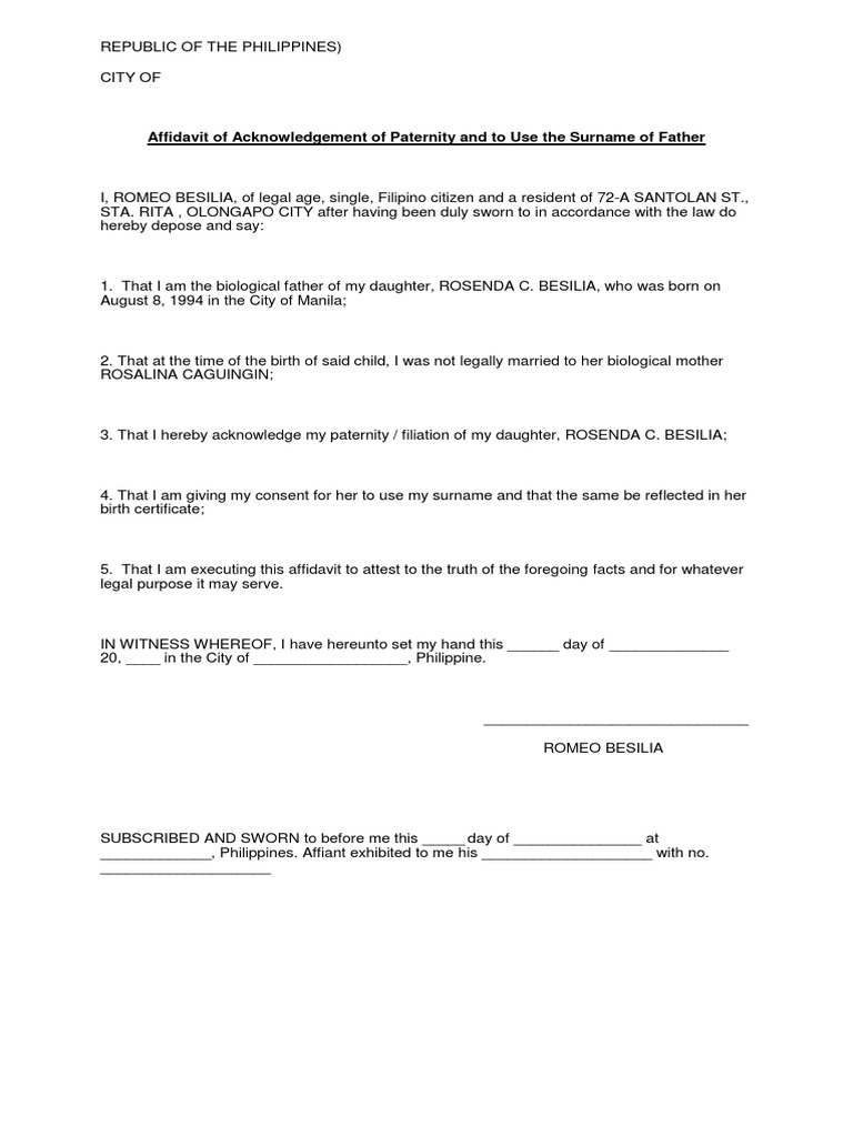 AFFIDAVIT OF PATERNITY-sample | PDF