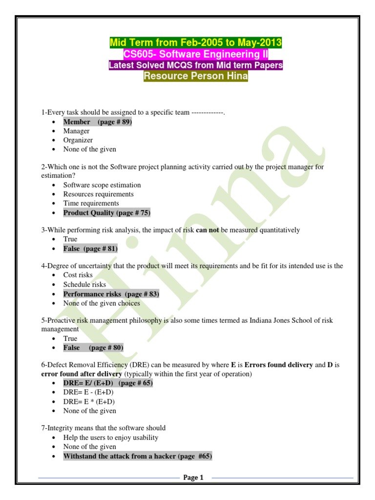 CS605 Solved MCQS For MidTerm With Reference by Hinna PDF | PDF | Software Prototyping ...