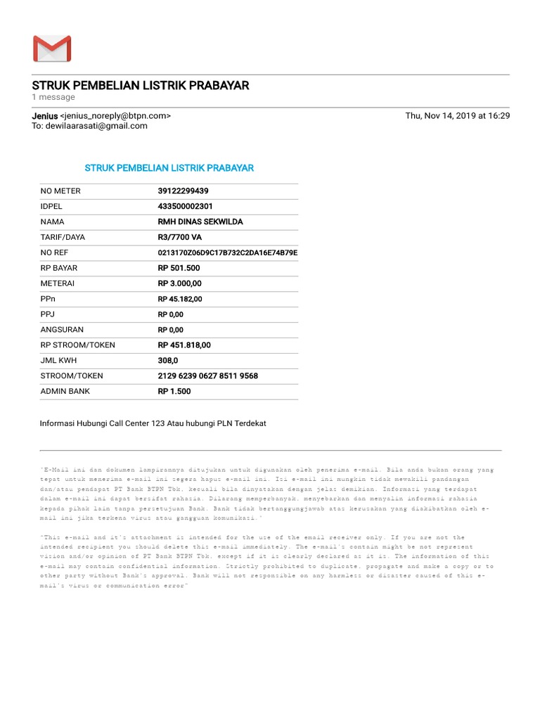 Contoh Bill Token Listrik | PDF