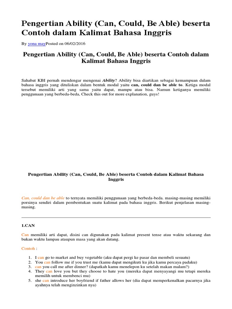 Pengertian dan Contoh Ability dalam Bahasa Inggris | PDF