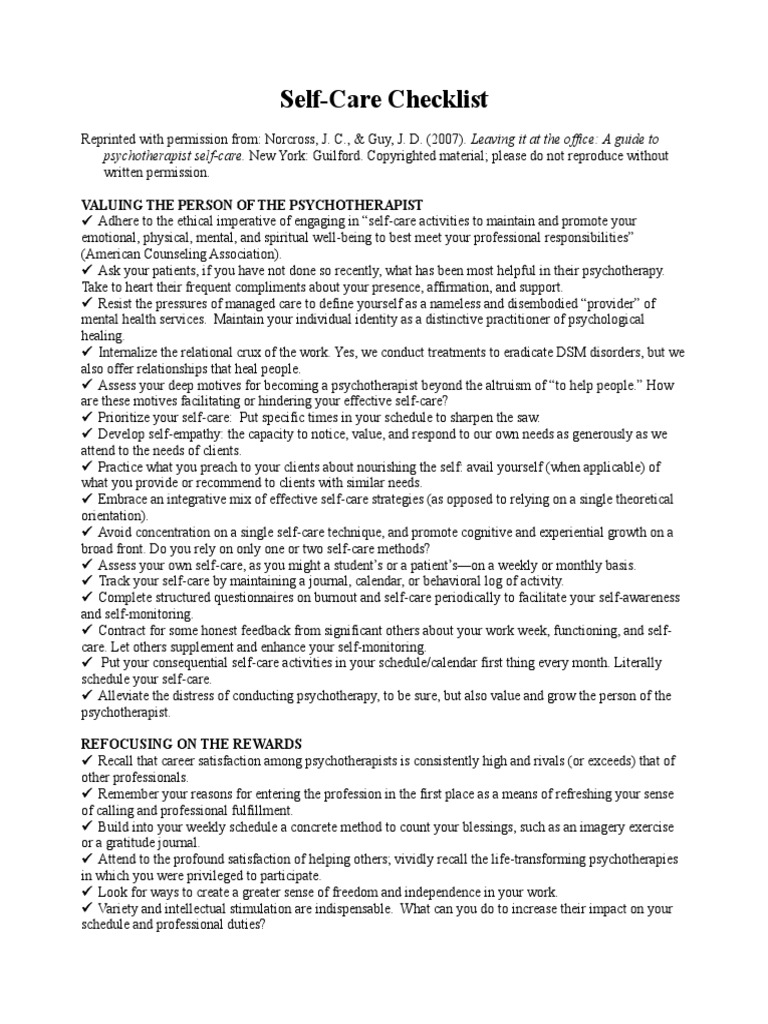 Self CareChecklist | PDF | Psychotherapy | Behavioural Sciences
