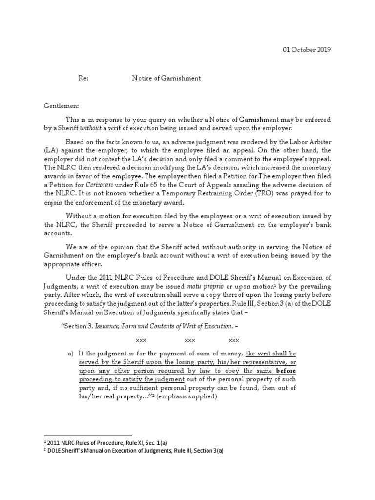 Opinion Notice of Garnishment | PDF | Garnishment | Judgment (Law)