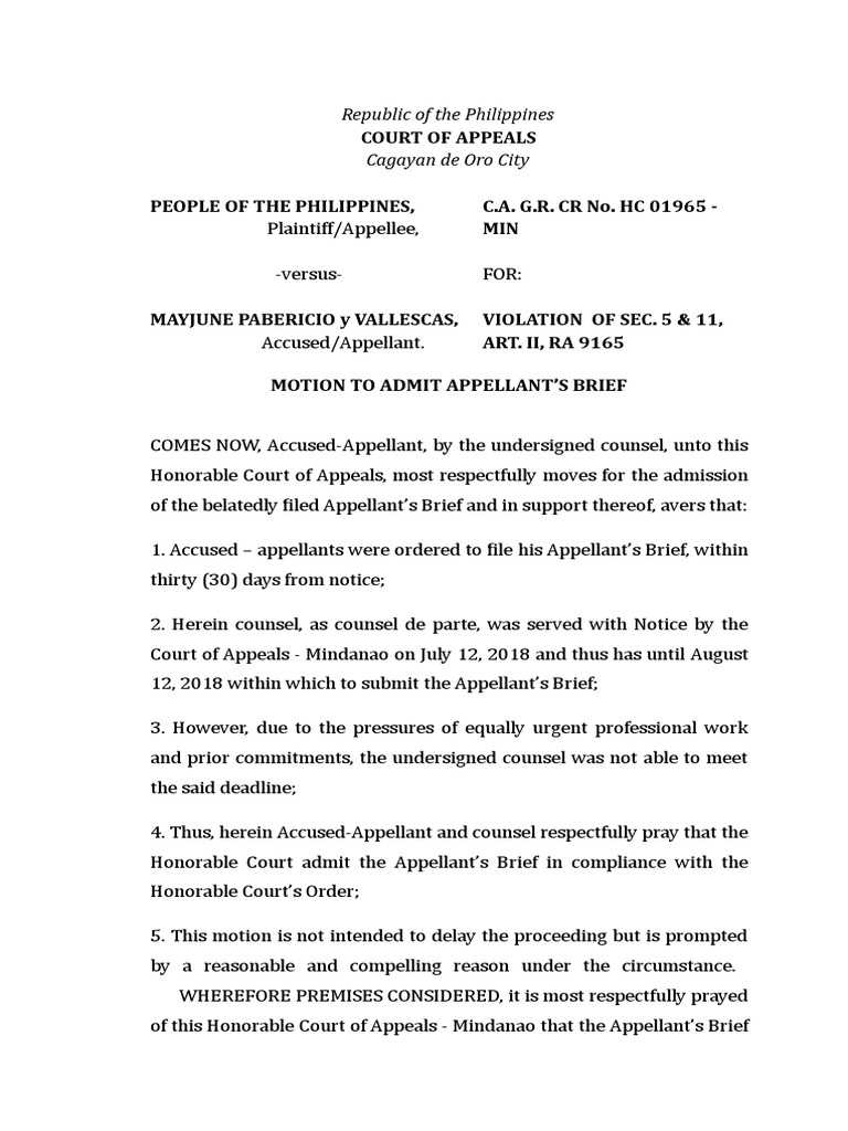 Motion To Admit Appellant's Brief - Pabericio | PDF | Government ...