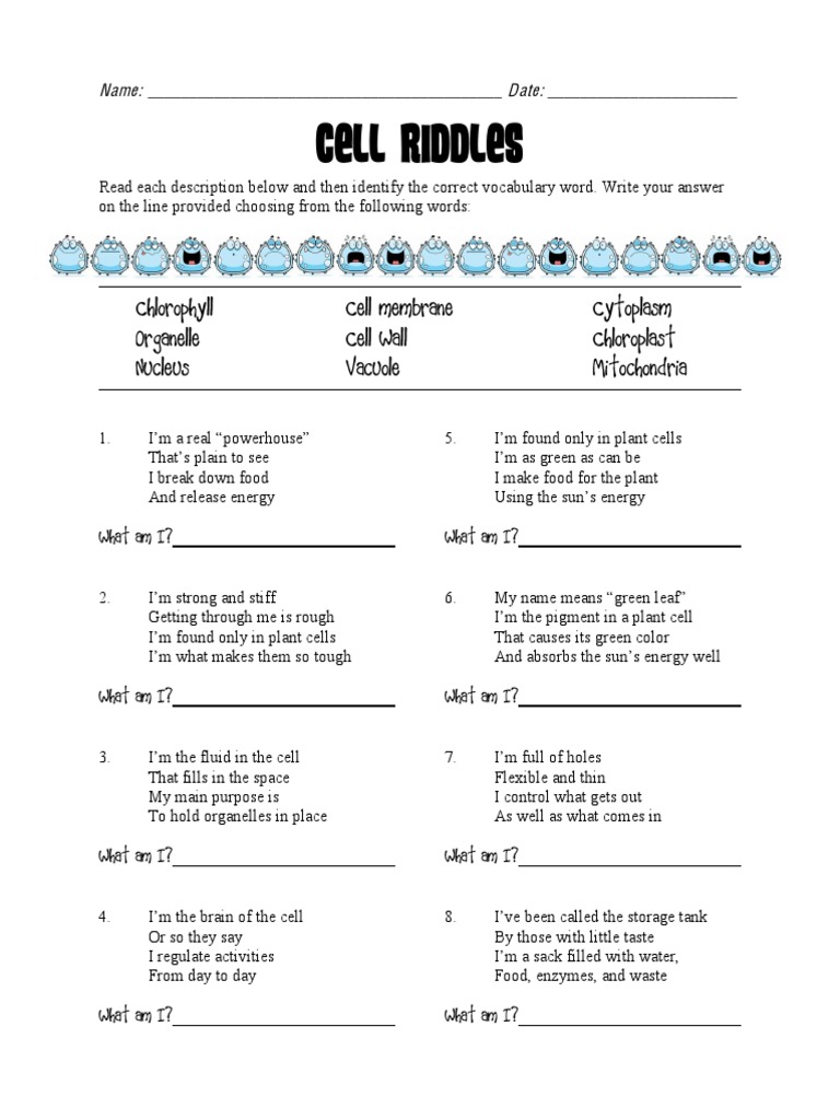 Cell Riddles PDF | PDF | Chloroplast | Cell (Biology)