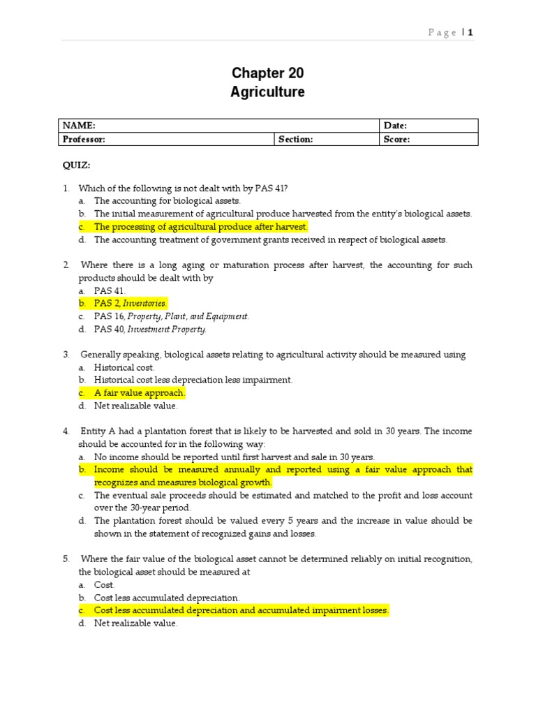 PAS 41 Agriculture Quiz and Solutions | PDF | Historical Cost ...