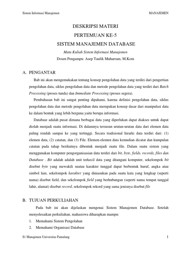 Pertemuan Ke-5 - Sistem Manajemen Database PDF | PDF