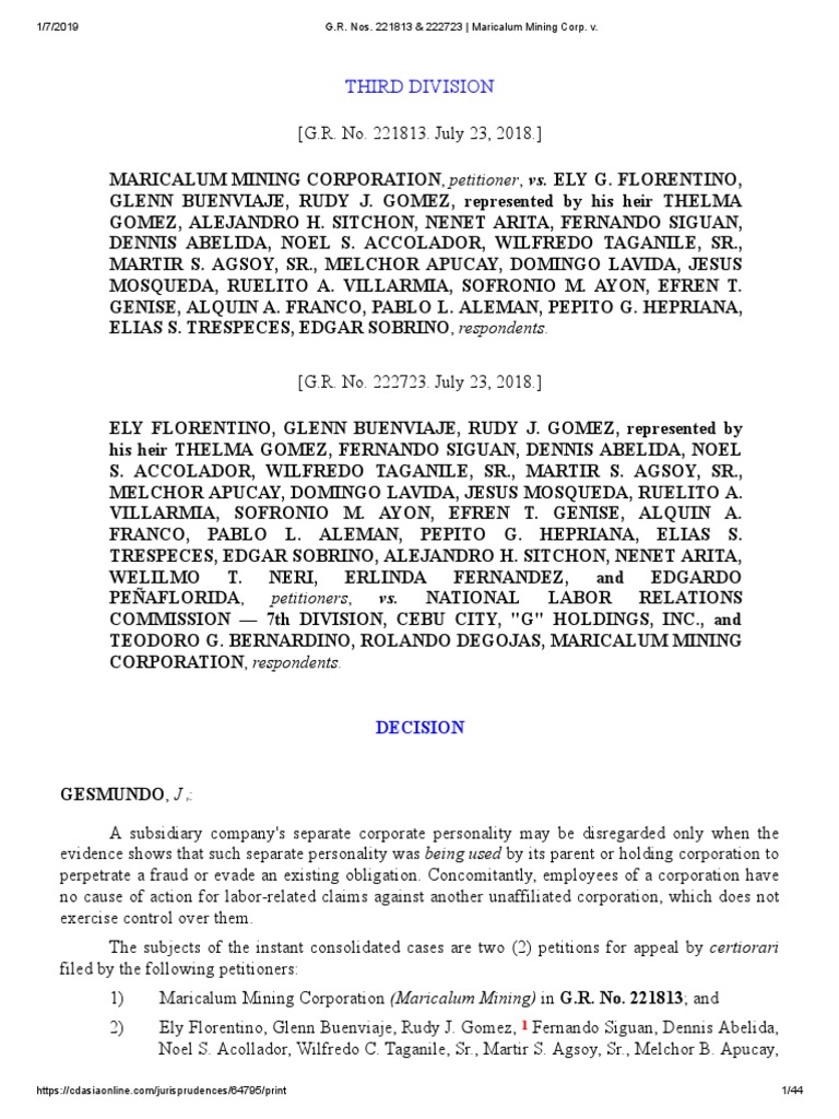 G.R. Nos. 221813 & - 222723 - Maricalum Mining Corp. V | PDF | Piercing ...