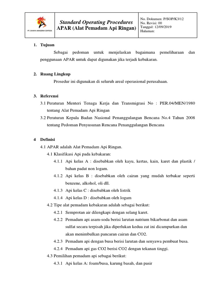 P-SOP-K3-011 Prosedur Penggunaan Dan Pemeliharaan APAR | PDF