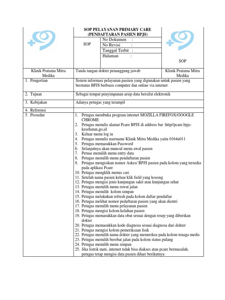 SOP Pendaftaran Pcare BPJS | PDF