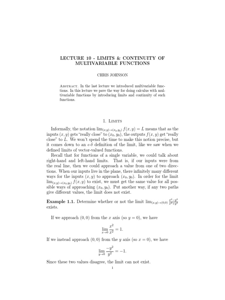 Chris Johnson Limits And Continuity Of Multivariable Functions Pdf Pdf Continuous Function