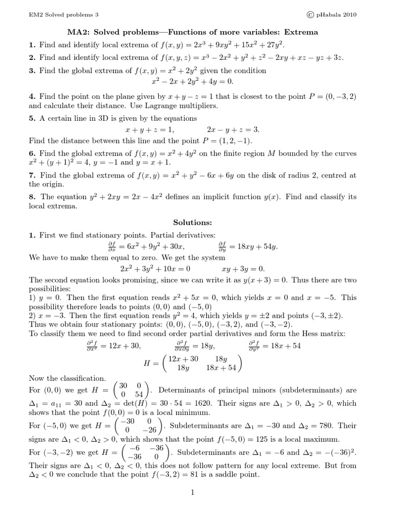 Extrema For Functions of More Variables - Solved Problems PDF | PDF ...