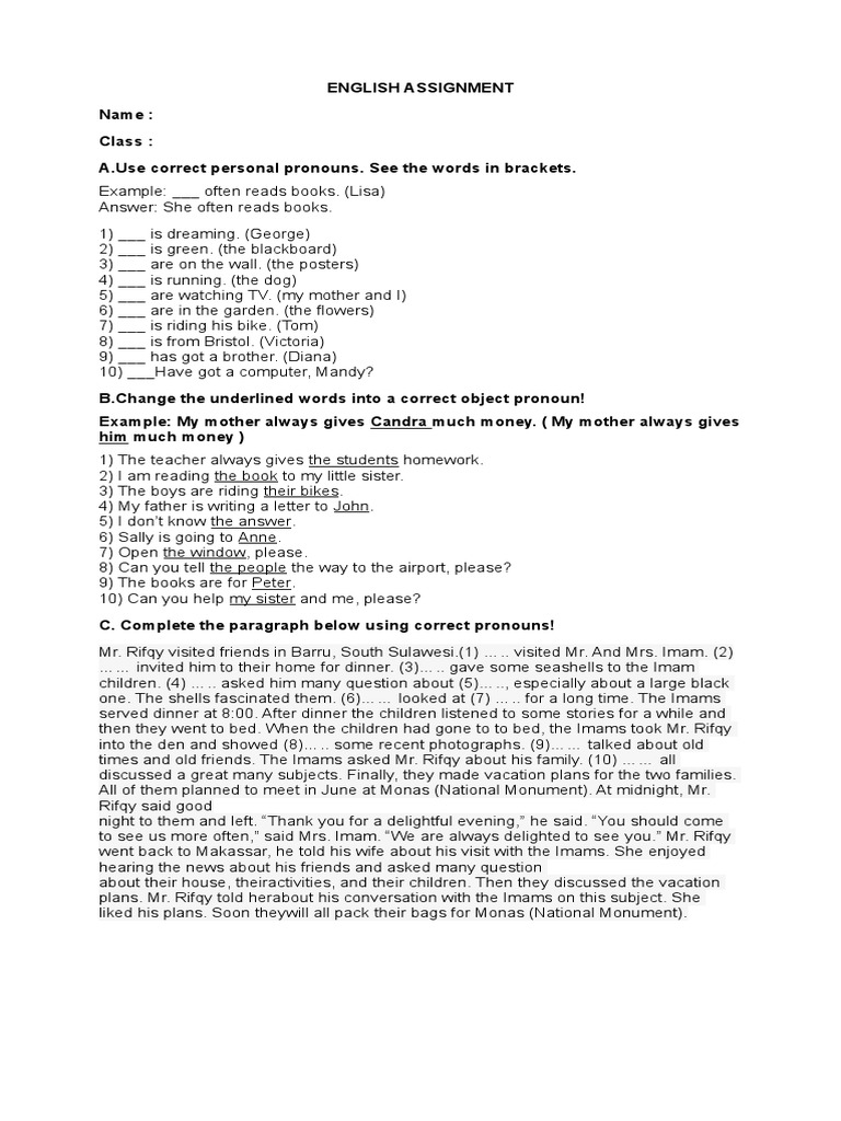 ENGLISH ASSIGNMENT Pronouns | Homework