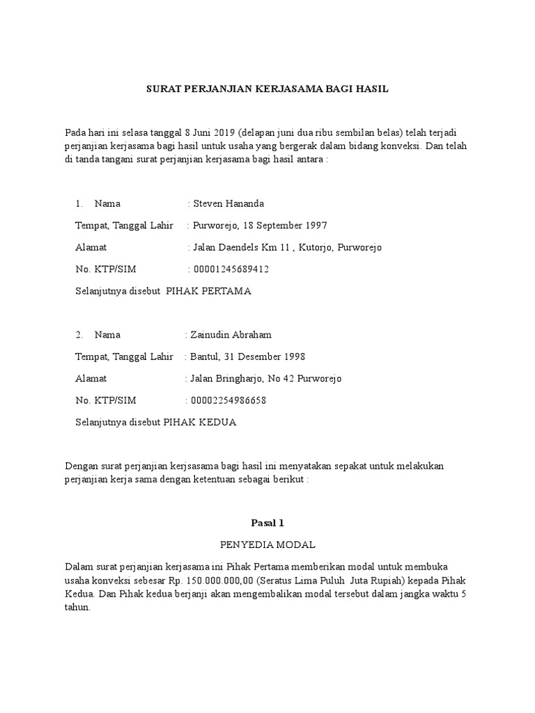 Surat Perjanjian Kerjasama Bagi Hasil | PDF