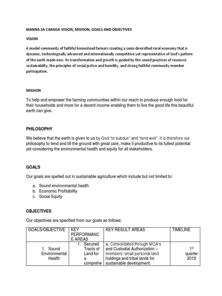 VISION, Mission, Goals, Objectives, Philosophy | PDF | Sustainability ...