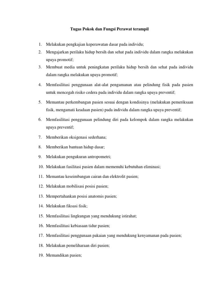 Tugas Pokok Dan Fungsi Perawat Terampil | PDF