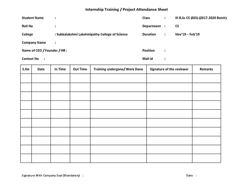 Attendance Sheet For Internship Training | PDF