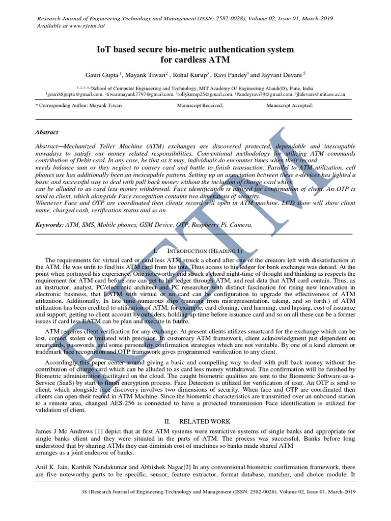 IoT Based Secure Bio-Metric Authentication System PDF | Download Free PDF | Automated Teller ...